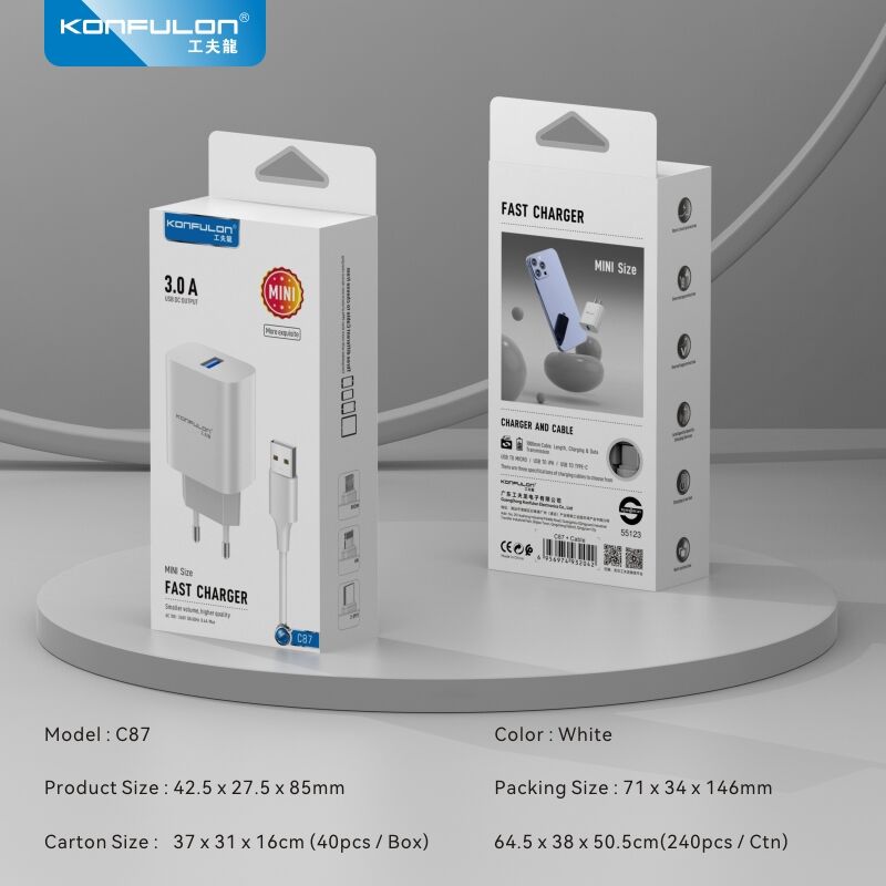 Kućni punjač KONFULON C87+PX22 Micro 3A 15W beli